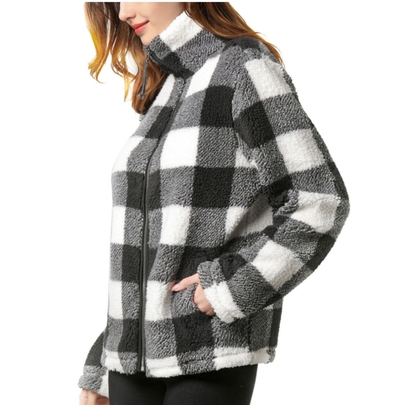Tops | Full Zip Black White Checkered Sherpa Jacket | Poshmark